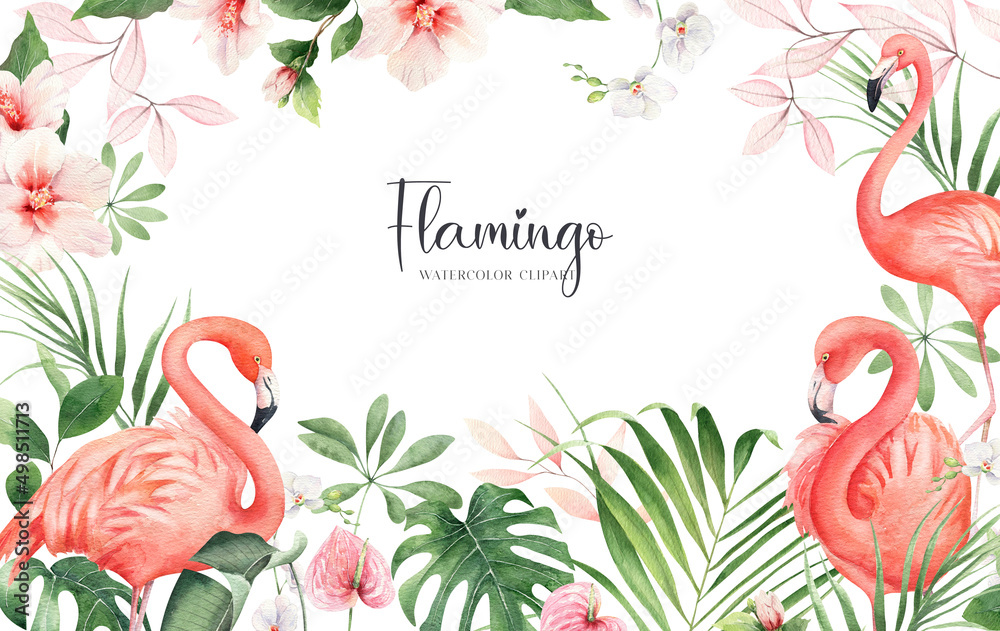 Watercolor tropical illustration with pink flamingos and palm leaves ...