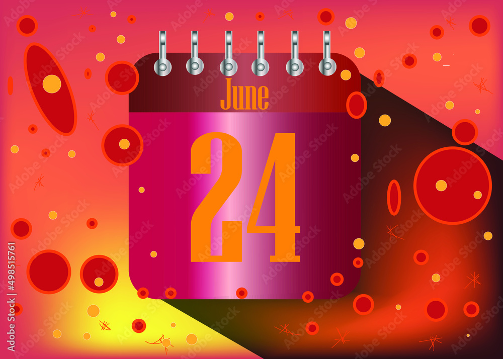 24 June. Calendar icon for the days of the month with fire and hot ...