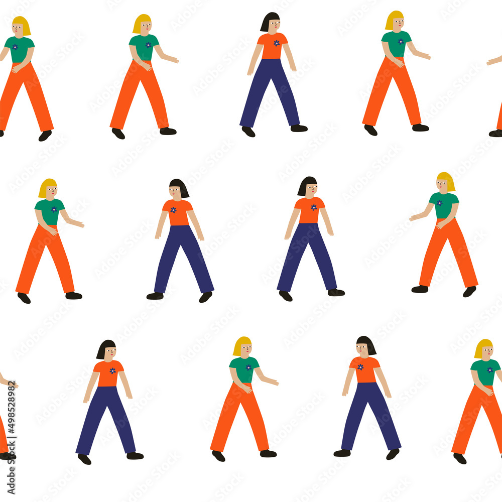 Cute stylish pattern with walking young girls. Modern woman hand-drawn ...