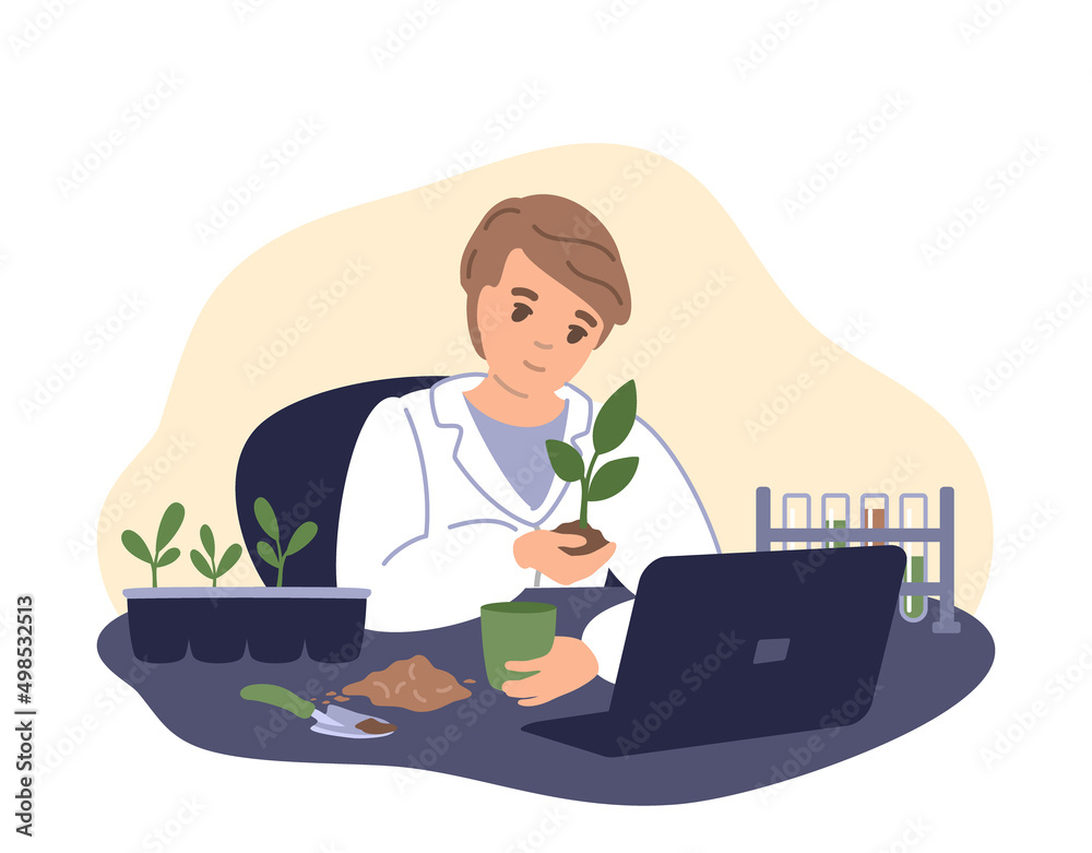 A scientist studies a young plant. Agricultural research, botany ...