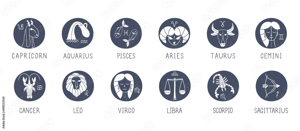Vector set of zodiac signs. Symbols 12 signs with inscriptions on the ...