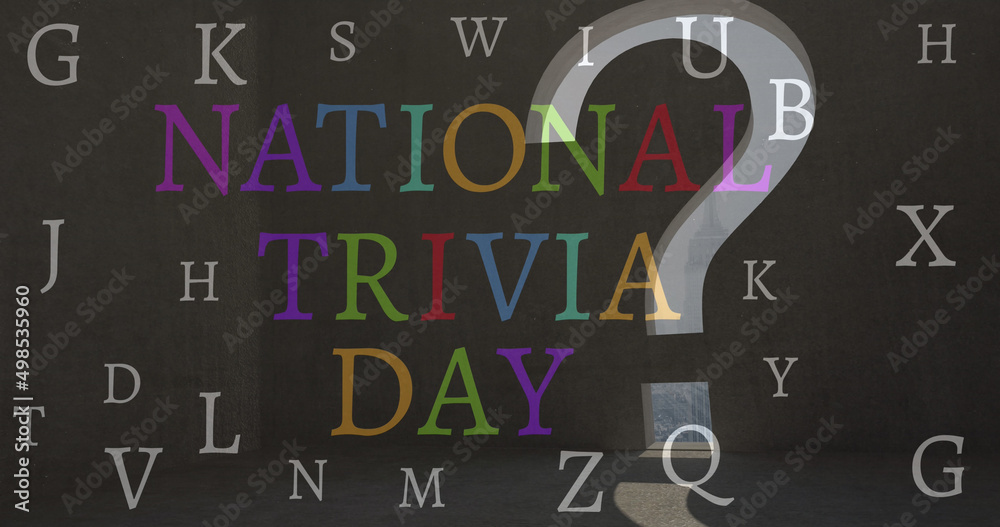 Image of national trivia day text and question mark on black background ...