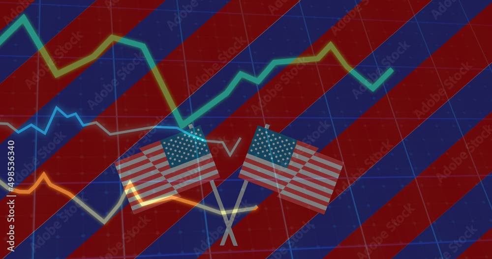 Image of american flags with statistics and lines processing Stock ...