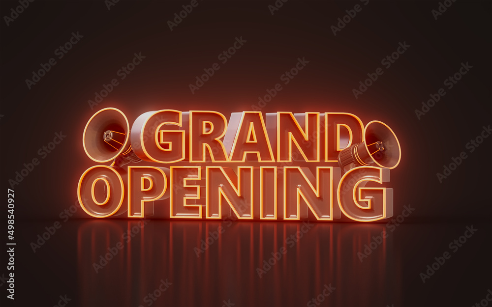 grand opening sign in retro neon glowing light banner 3d render concept ...