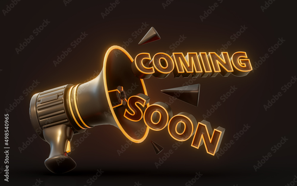 coming soon announcement with megaphone neon glowing light 3d render ...