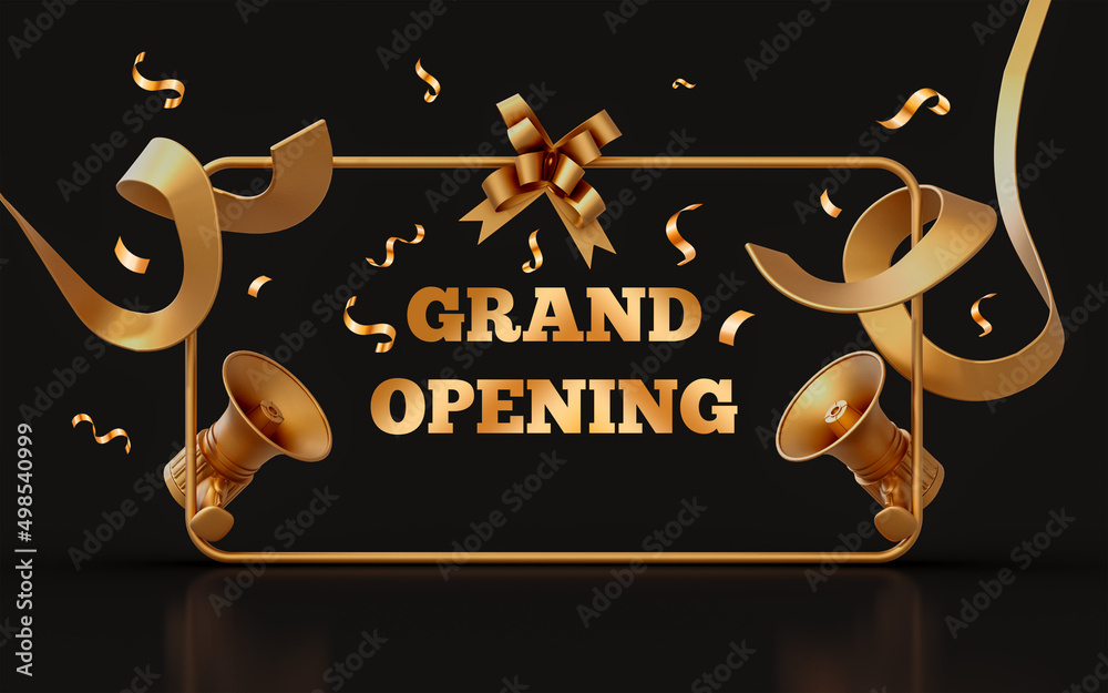 grand opening sign in retro golden effect banner 3d render concept for ...