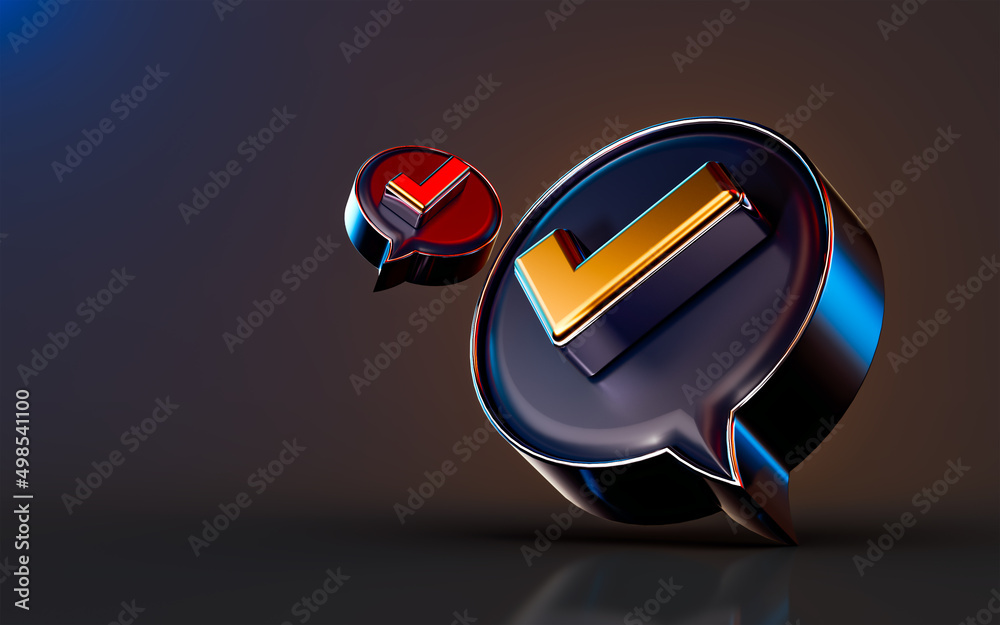 3d render gold metallic check mark badge icon on dark background ...