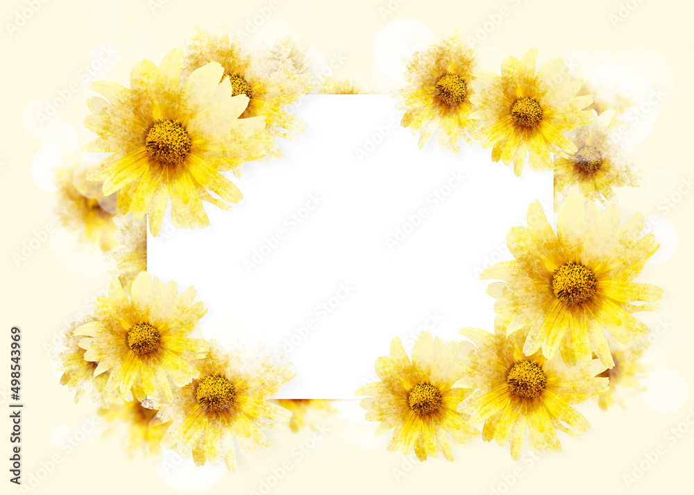 Yellow summer flowers background with white card on yellow background ...