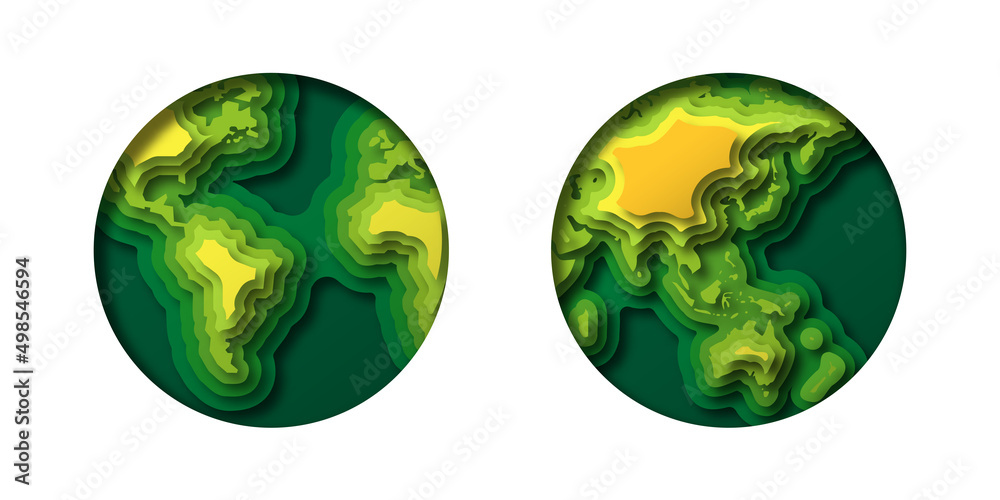Colorful paper cut earth planet map on isolated white background. Green ...