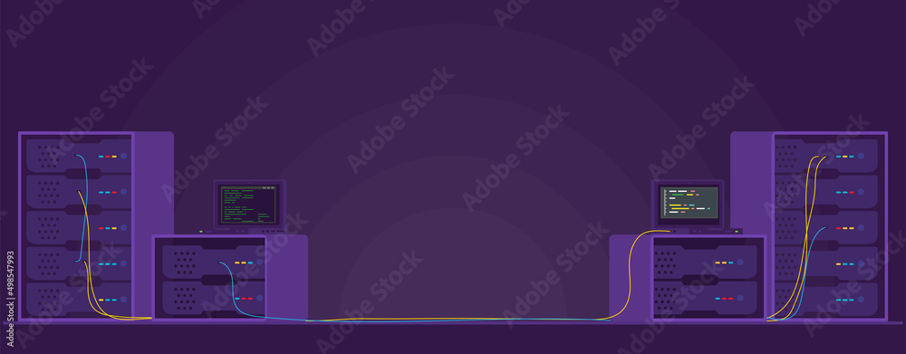 Datacenter with server rack and laptops. Wide horizontal banner for ...