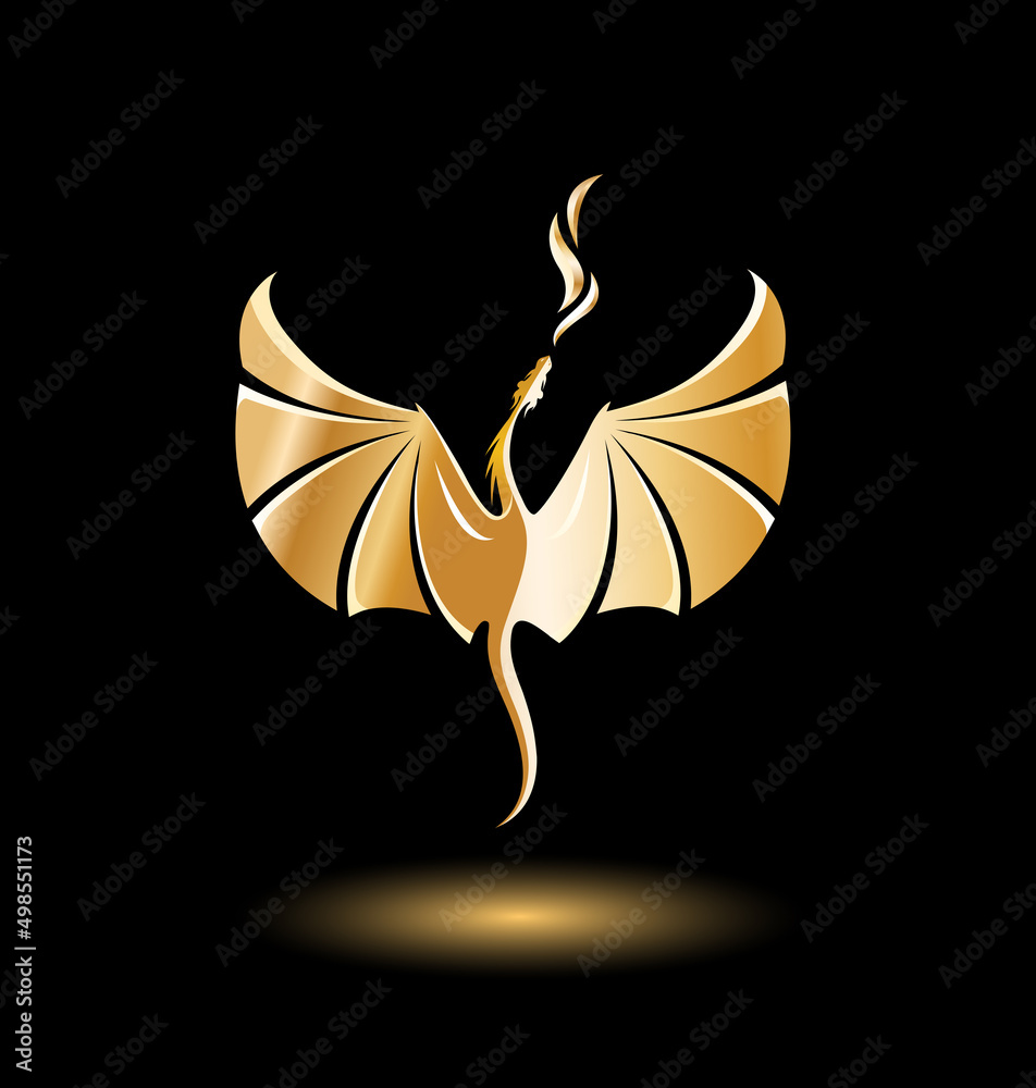 Stylized rising flying Dragon breathing fire. Image in gradient golden ...