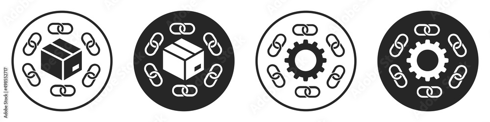 Set of supply chain icons. Logistic and delivery symbol. Gear, chain ...