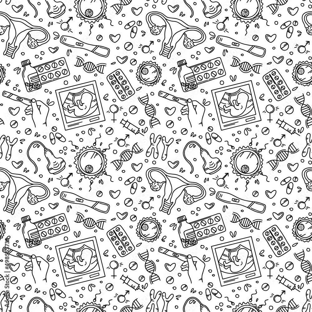 Pregnancy seamless pattern in Doodle style, prenatal care for woman ...