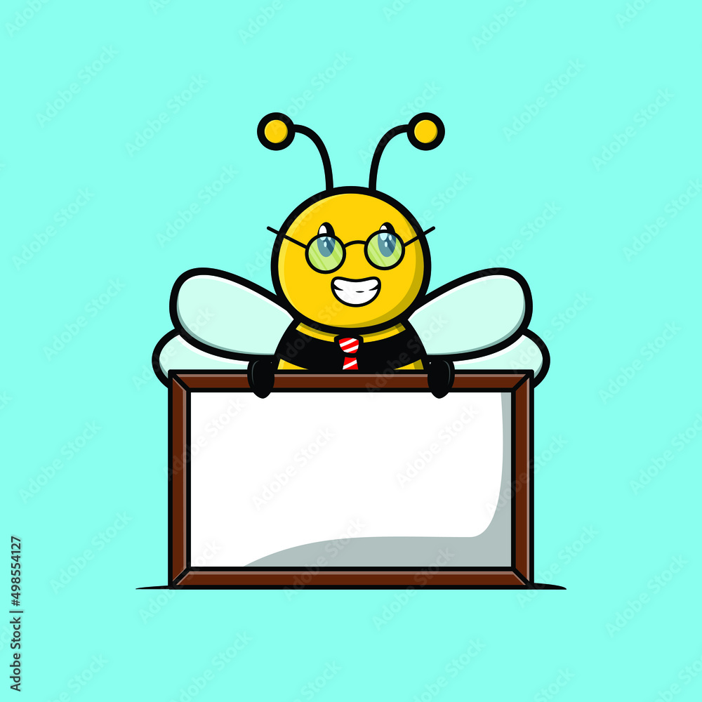Cute cartoon bee teacher character with big whiteboard in 3d cartoon ...