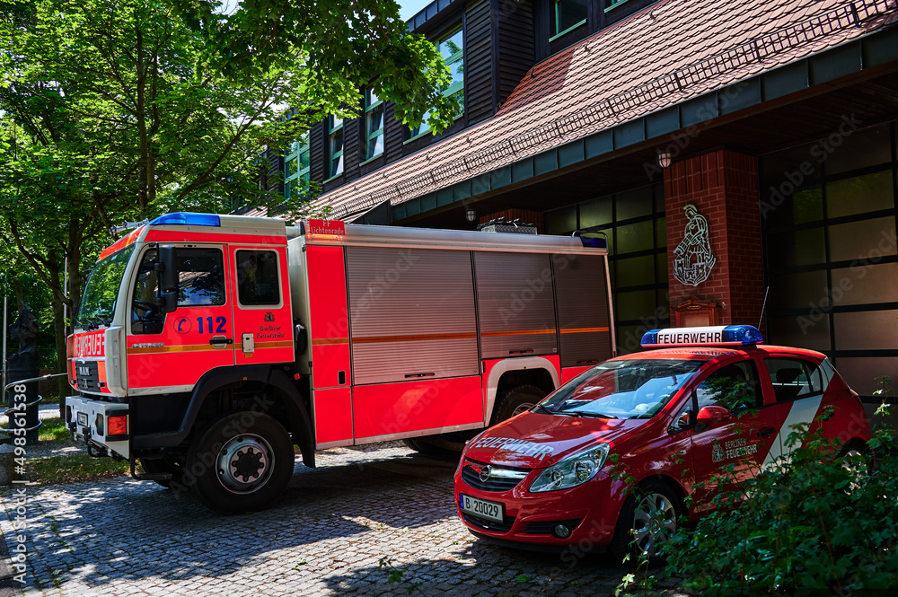 Berlin; Germany - June 26; 2021: View to fire engines in front of a ...
