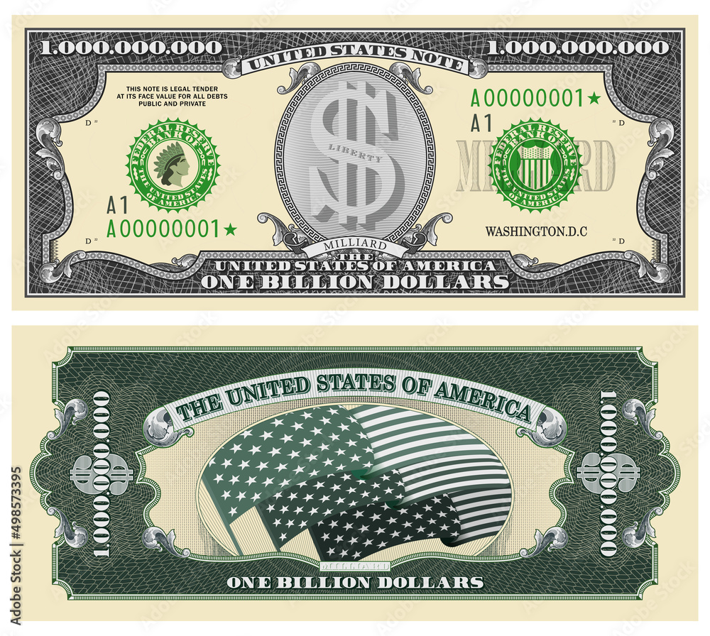 Obverse and reverse of a fictitious one billion dollar paper note ...