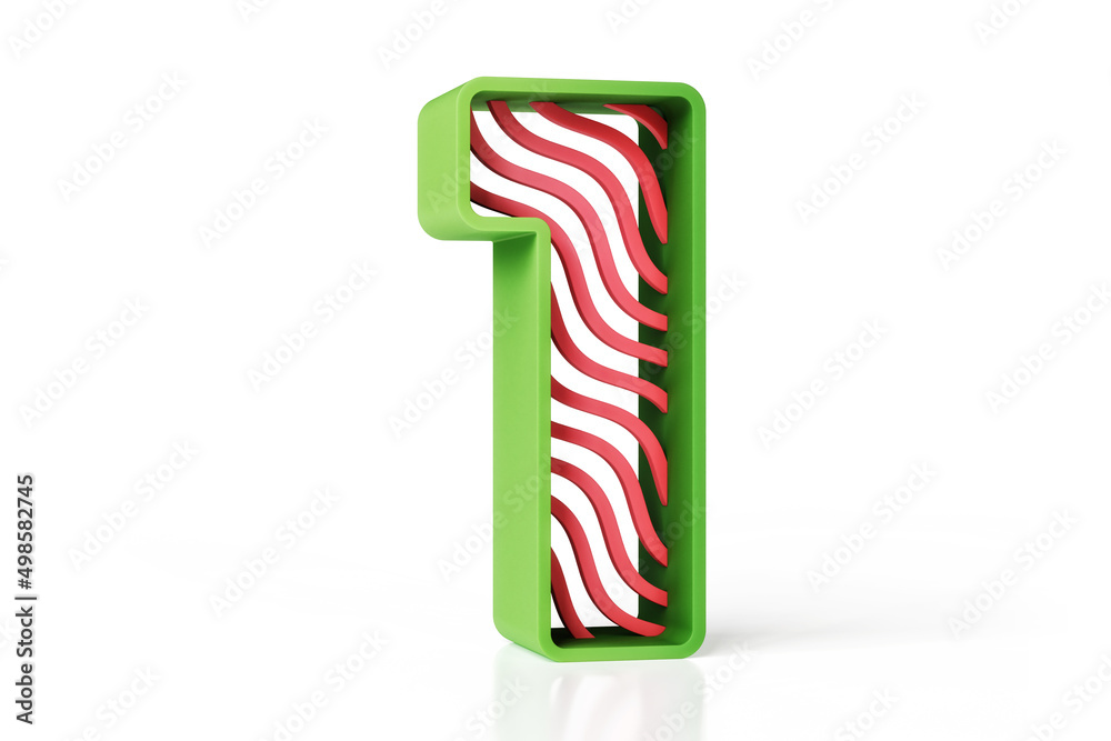 Green and red isometric style number 1. 3D font made of plastic striped ...