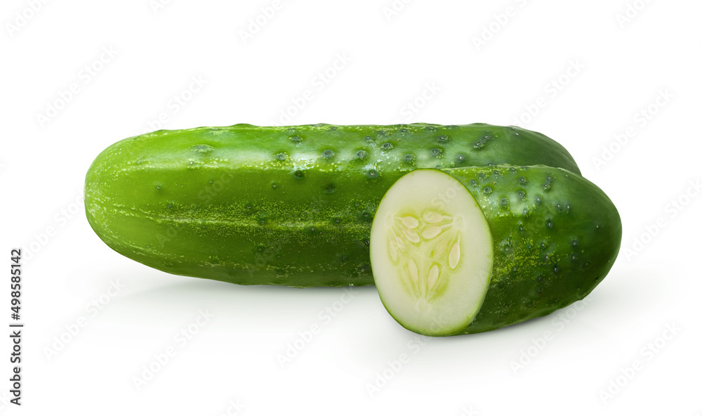 One big whole cucumber and small half cut isolated on white background ...