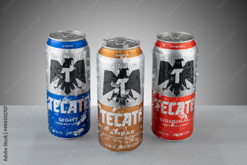 Mexico ,CDMX - April 12, 2022: Canned Tecate of three different flavors ...
