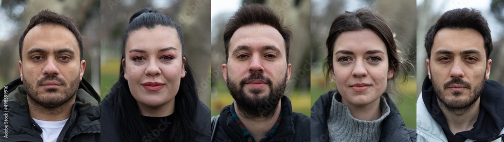 Collage of portrait of five young people at outside. Expressions and ...