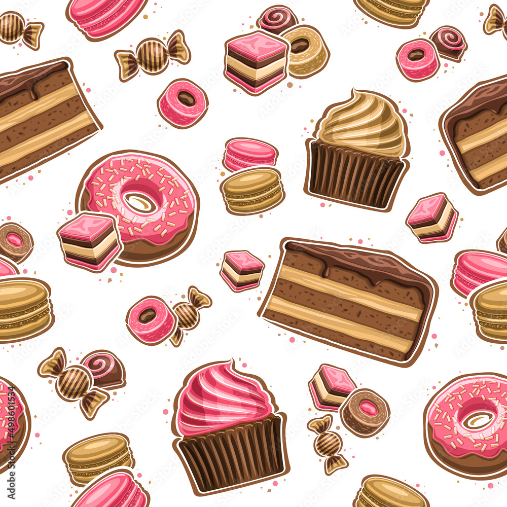 Vector Dessert Seamless Pattern, repeating background with set of cut ...