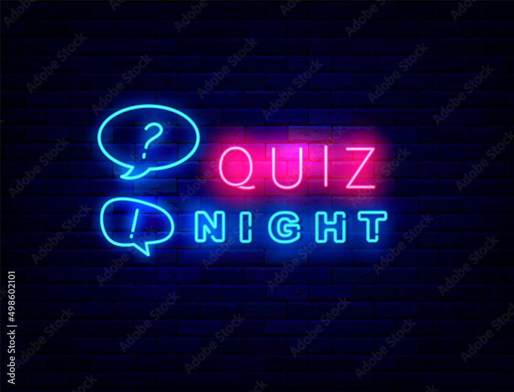 Quiz night neon sign. Blue speech bubbles. Play game concept. Exam idea ...