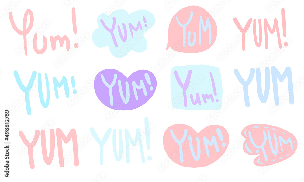Vector Yum Yum words set. Design doodle for print. Cartoon hand drawn ...
