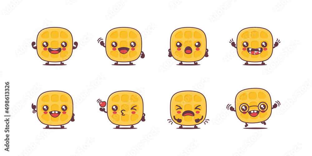 Waffle cartoon. food vector illustration. with different faces and ...