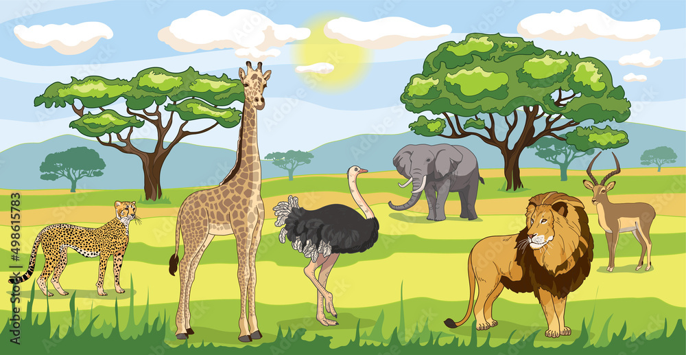 Savanna landscape with lion, giraffe, ostrich, gazelle, cheetah and ...