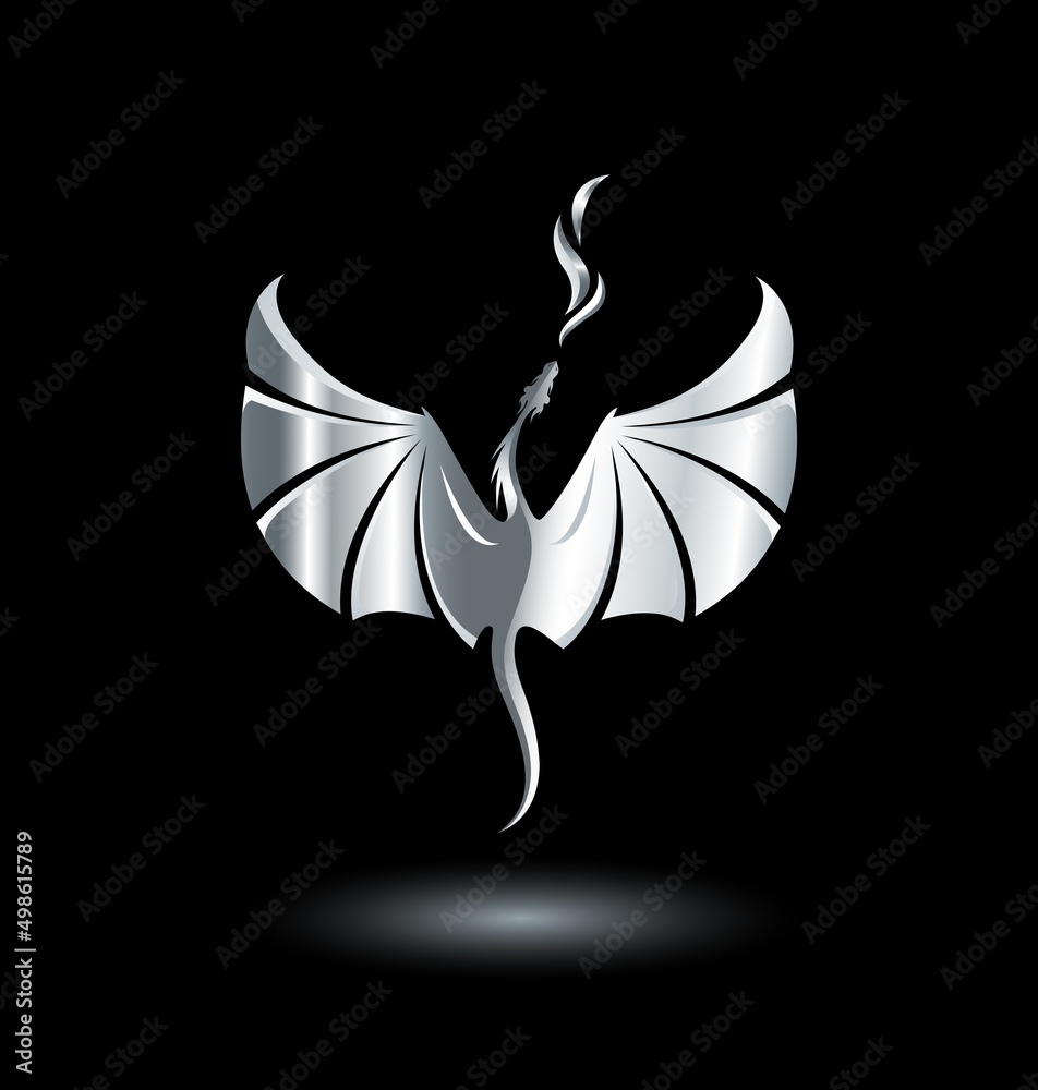 Stylized rising flying Dragon breathing fire. Image in gradient silver ...