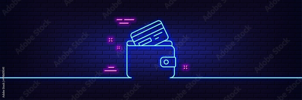 Neon light glow effect. Wallet with Credit card line icon. Cash money ...