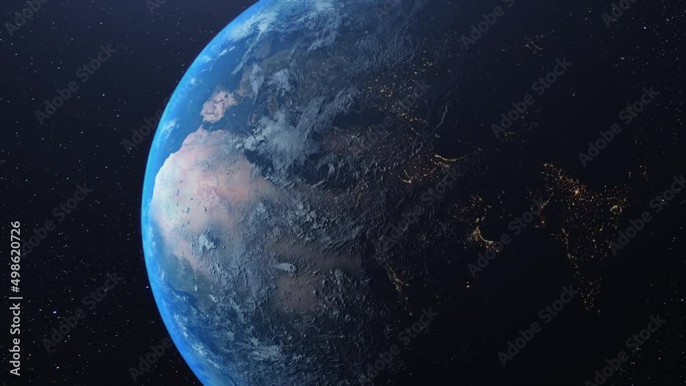 Earth from space. Stars twinkle. No sun in the frame. Flight over the ...