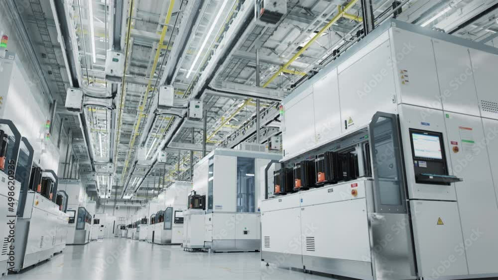 Dolly Shot Inside Bright Advanced Semiconductor Production Fab ...