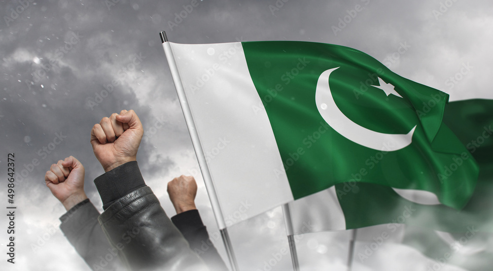 Foto de Protests in Pakistan. Raised male fists of protesters and flags ...