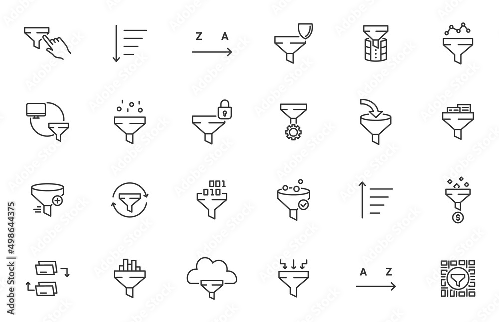 Data filter funnel line icon. Big data thin line pictogram database ...