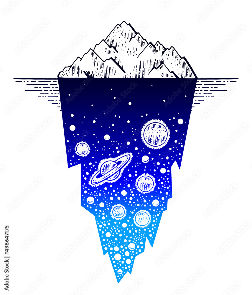 Iceberg sketch. Ice hand drawn blue gradient tattoo. Arctic sea ...