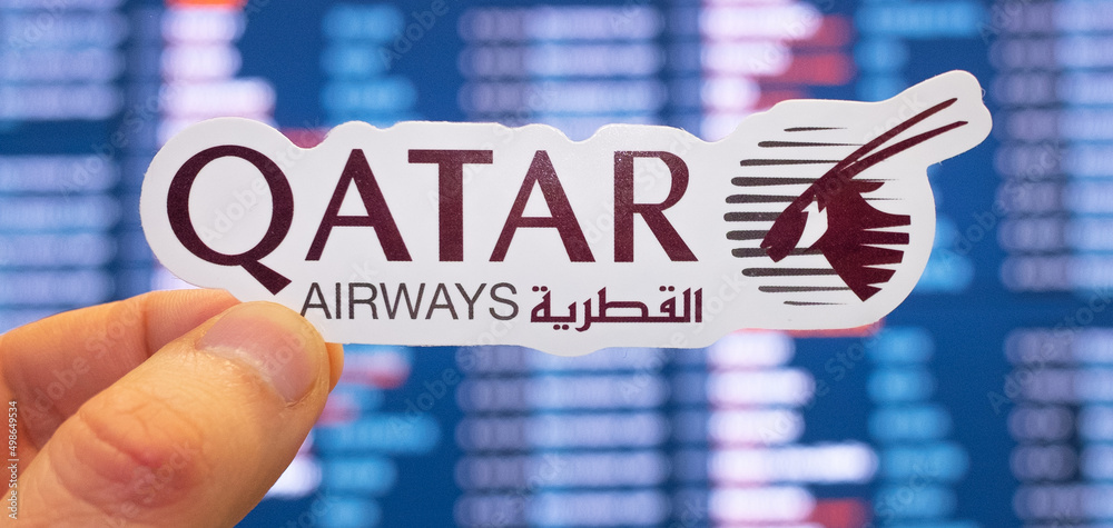 December 11, 2021, Doha, Qatar. The emblem of Qatar Airways against the ...