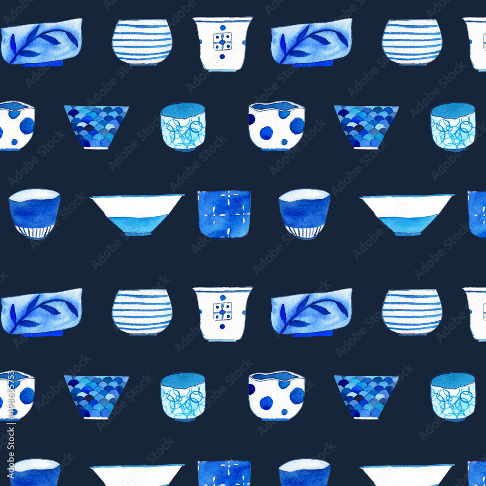 Blue tea cups hand drawn pattern. Decorative watercolor elements ...