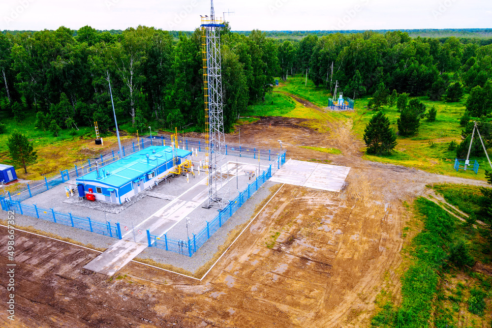 Natural gas distribution station of main gas pipeline. View from above ...