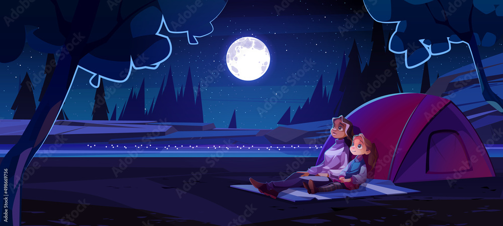 Woman and girl in summer camp on river shore at night. Vector cartoon ...