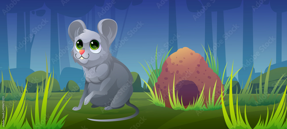 Cartoon mouse sit at burrow in forest. Funny wild rodent animal and its ...