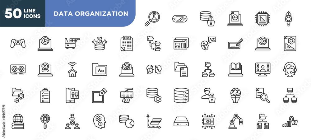 set of 50 outline data organization icons. editable thin line icons such as science research ...