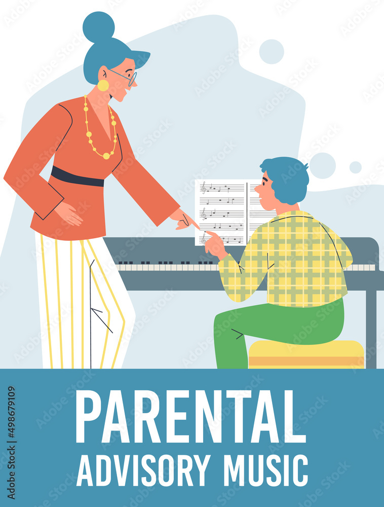 Parental advisory for music lessons at home banner, flat vector ...