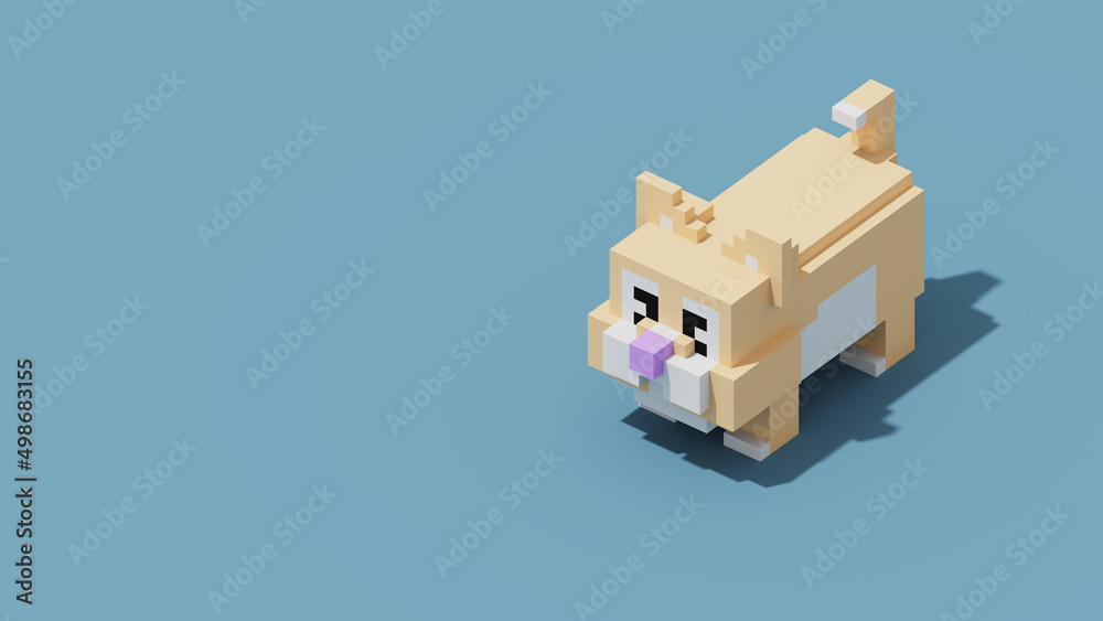 3D Pixel Animal with copy space, banner, wallpaper. Pixel cat with blue ...