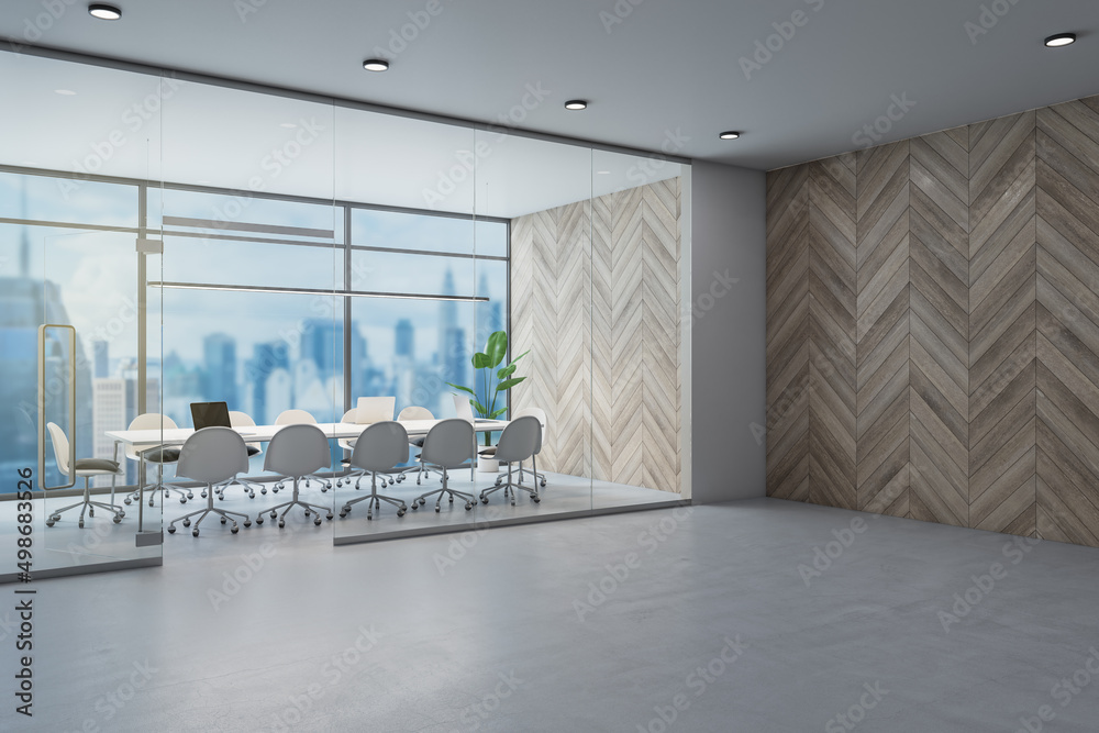 Contemporary concrete and wooden, glass conference room interior with ...