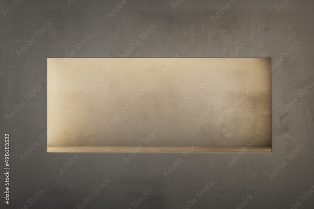 Empty blank dark large horizontal rectangular illuminated niche in ...
