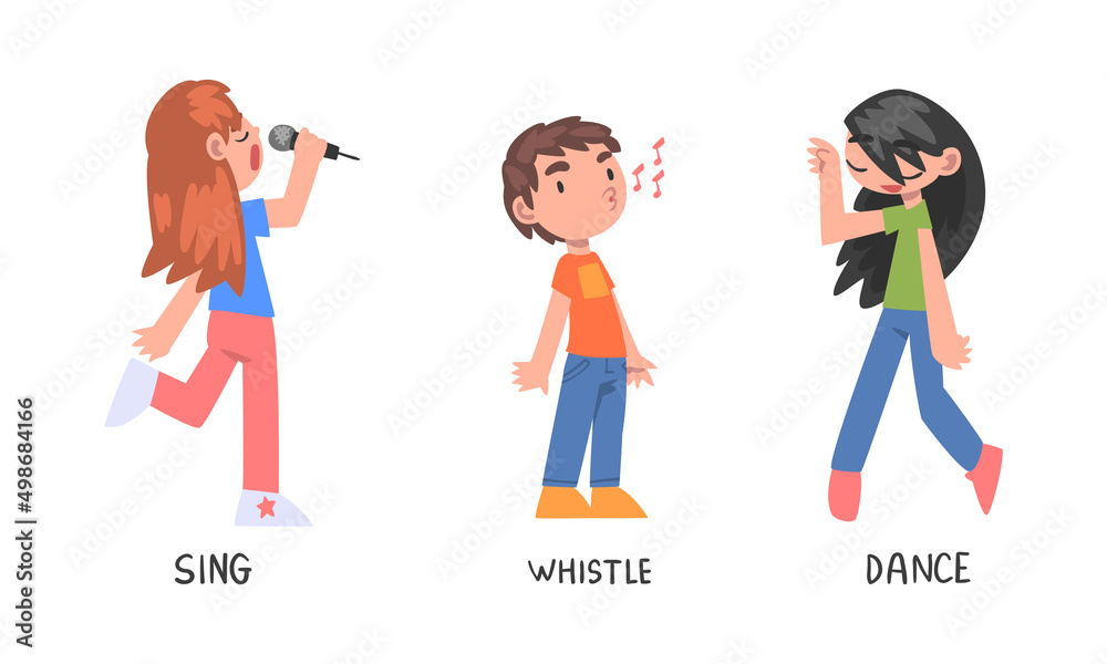 Kids engaged in different activities set. Sing, whistle and dance ...