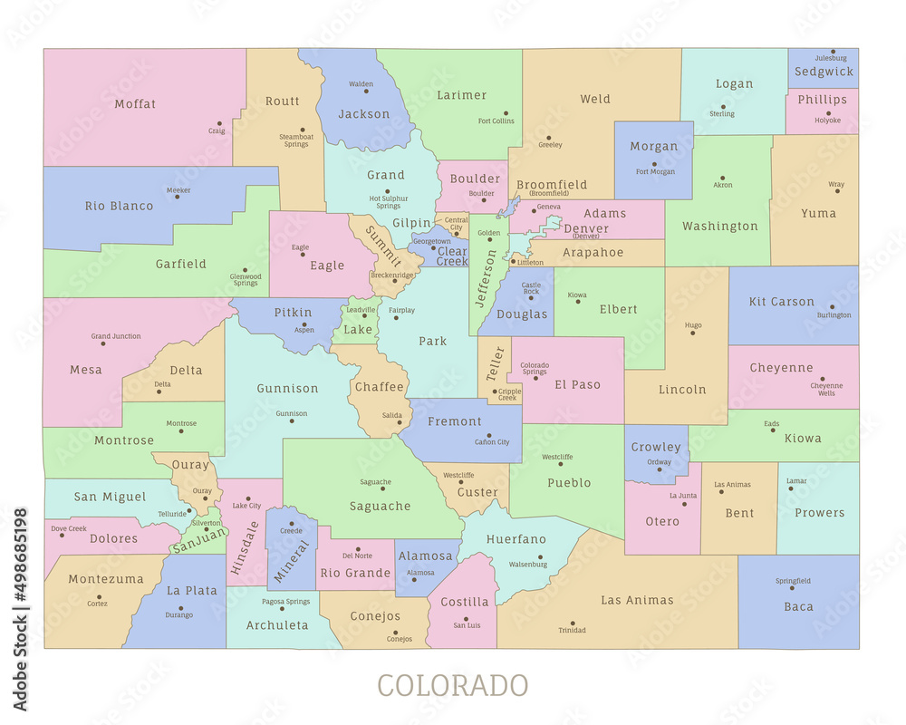 Colorado US state administrative district map in colors. American ...