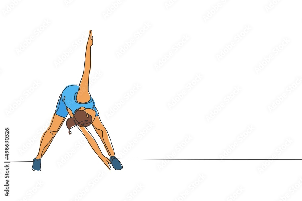 One single line drawing of young energetic woman exercise side lunge ...