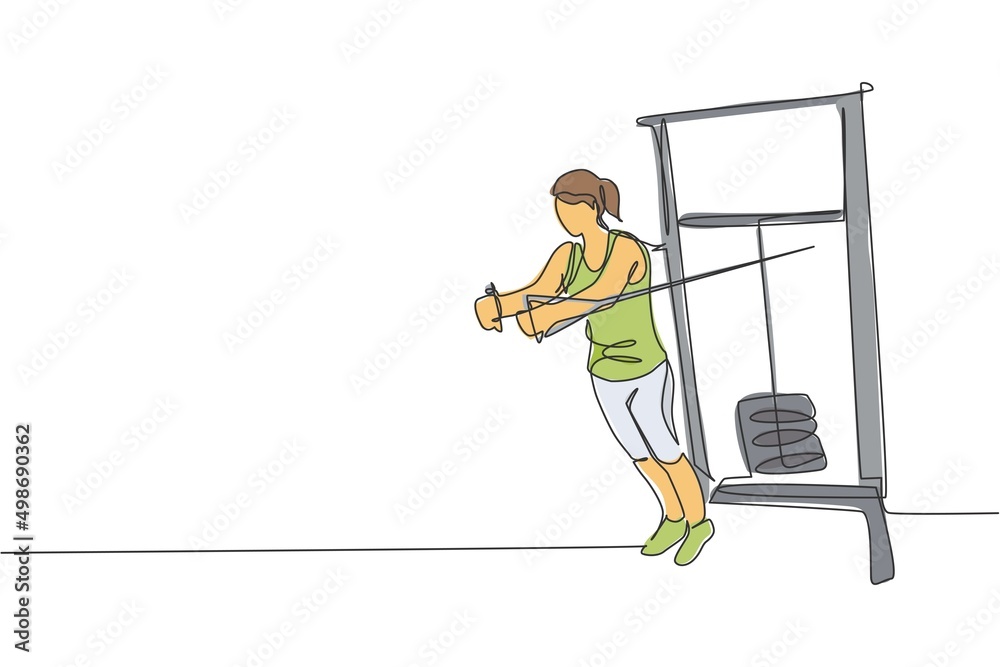 One continuous line drawing of young sporty woman working out with lat ...